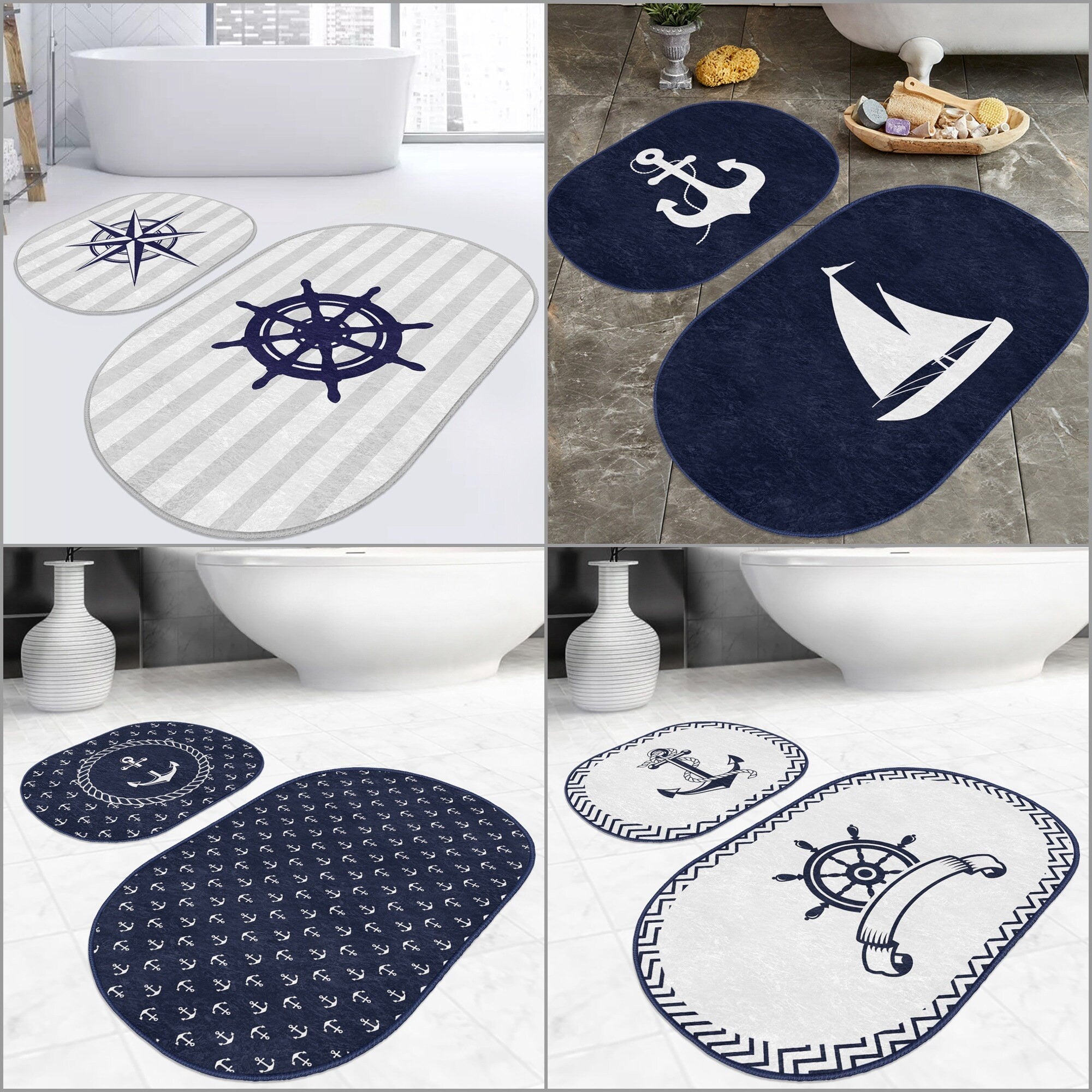 Set of 2 Nautical Bath Mat with Anchor Wheel and Sailing Vessel – Akasia