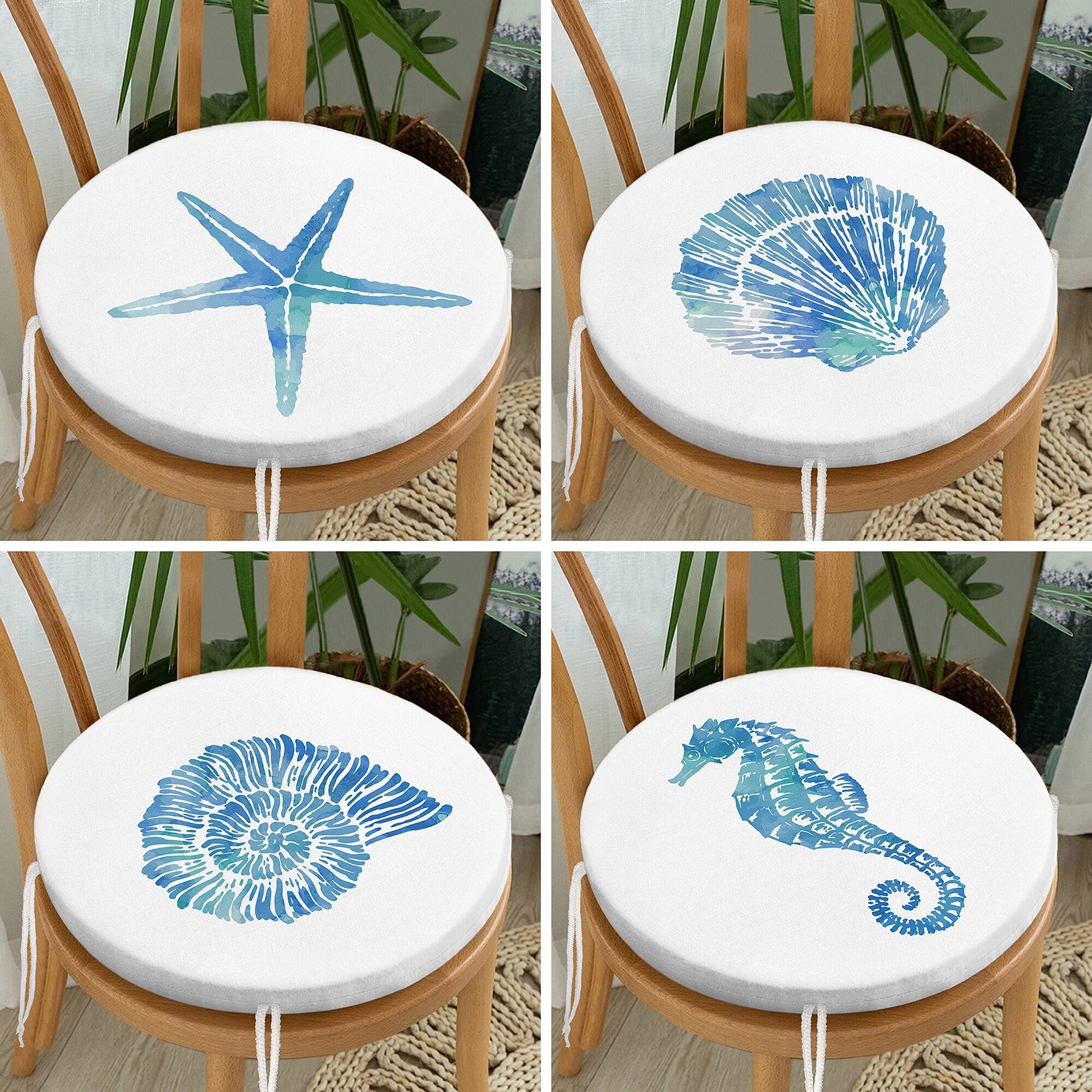 Set of 4 Blue Starfish Oyster Seashell Seahorse Round Stool Cushion ...