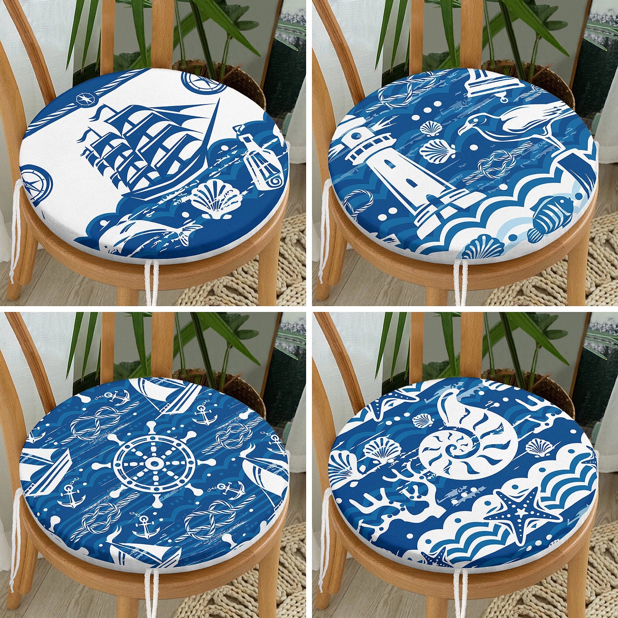 Blue White Sailing Ship Wheel Lighthouse Seashell Round Seat Pad Set ...