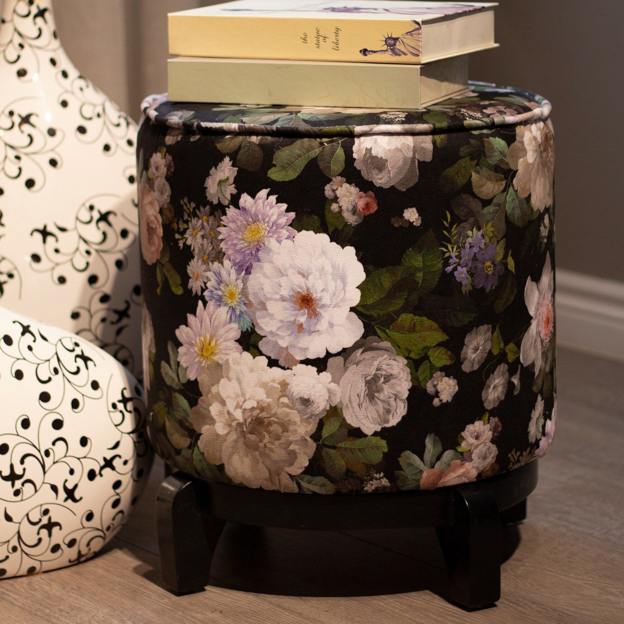 Floral Pouf Chair with Wooden Frame and Legs – Akasia